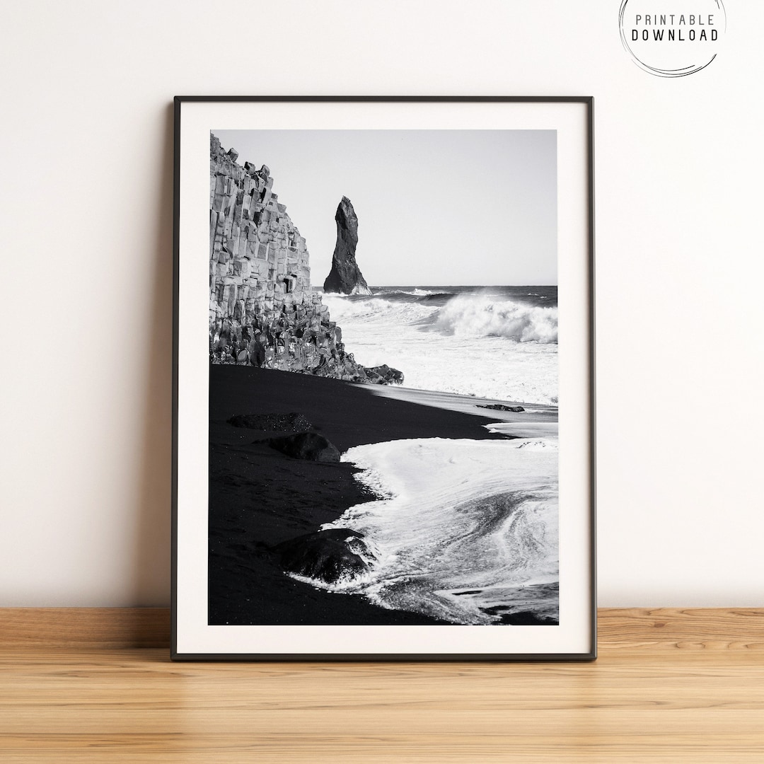 Reynisfjara Black Sand Beach, Iceland Printable Wall Art, Black and ...