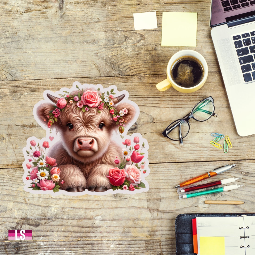 Highland Cow Vinyl Sticker, Cow Laptop Decals, Floral Cow Stickers - Etsy