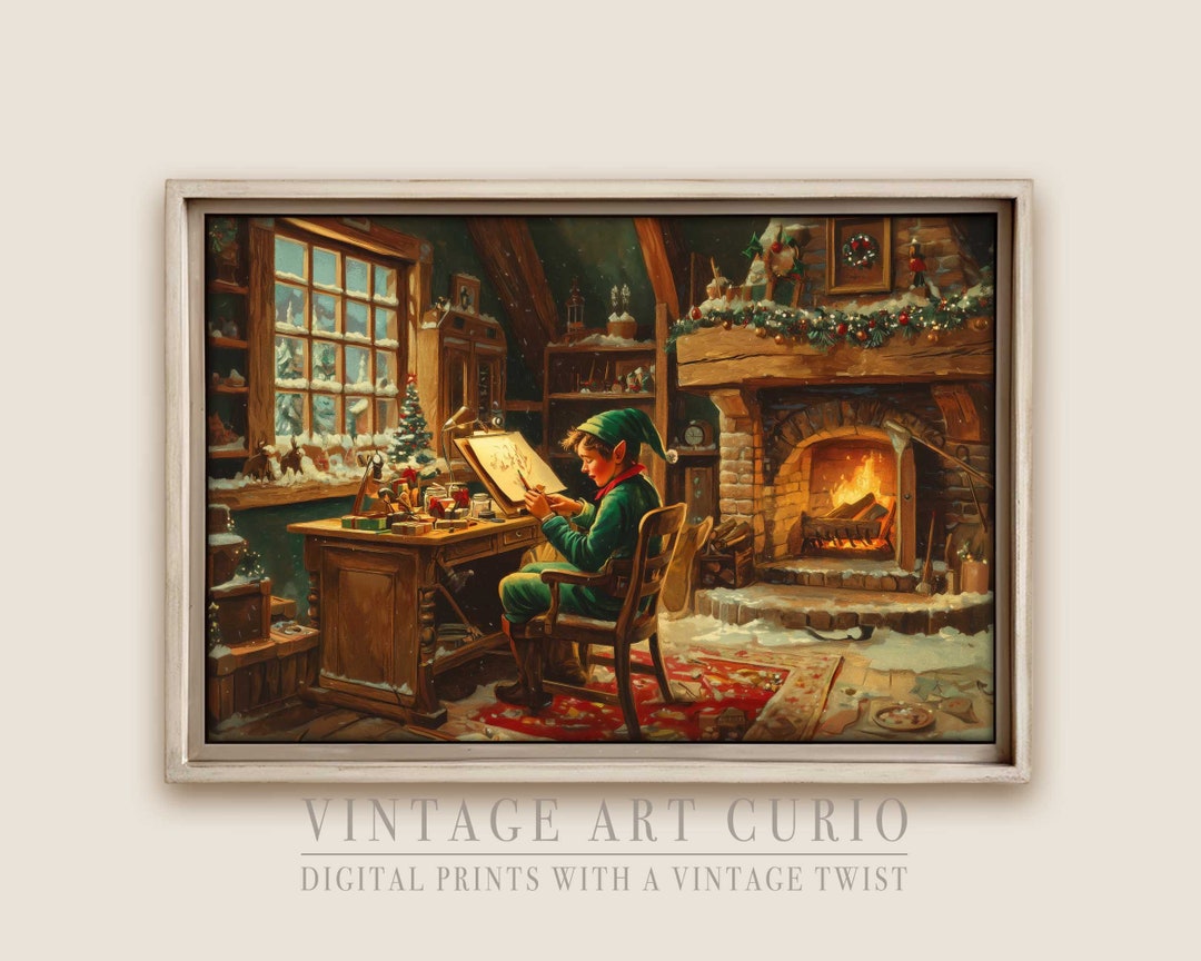 Vintage Christmas Elf Wall Art Print Retro Festive Xmas Decor Colorful ...