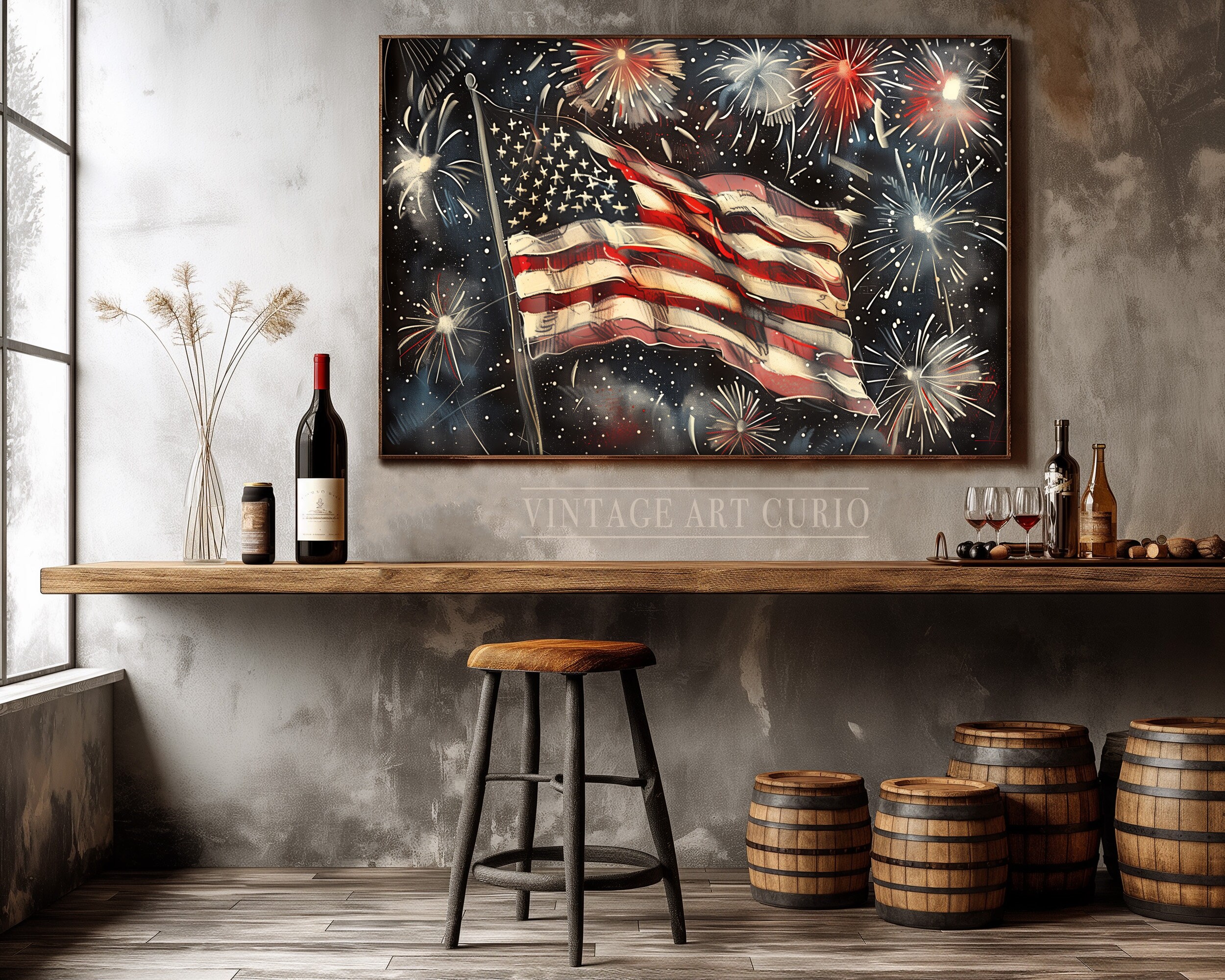 Vintage 4th of July American Flag Printable Art, Patriotic Home Decor ...