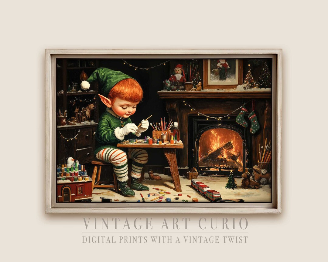 Vintage Christmas Elf Wall Art Print Retro Festive Xmas Decor Colorful ...