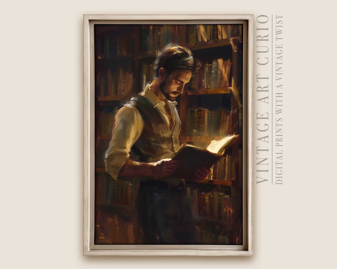 Vintage Library Gentleman Portrait Wall Art, Book Nook Art, Antique ...
