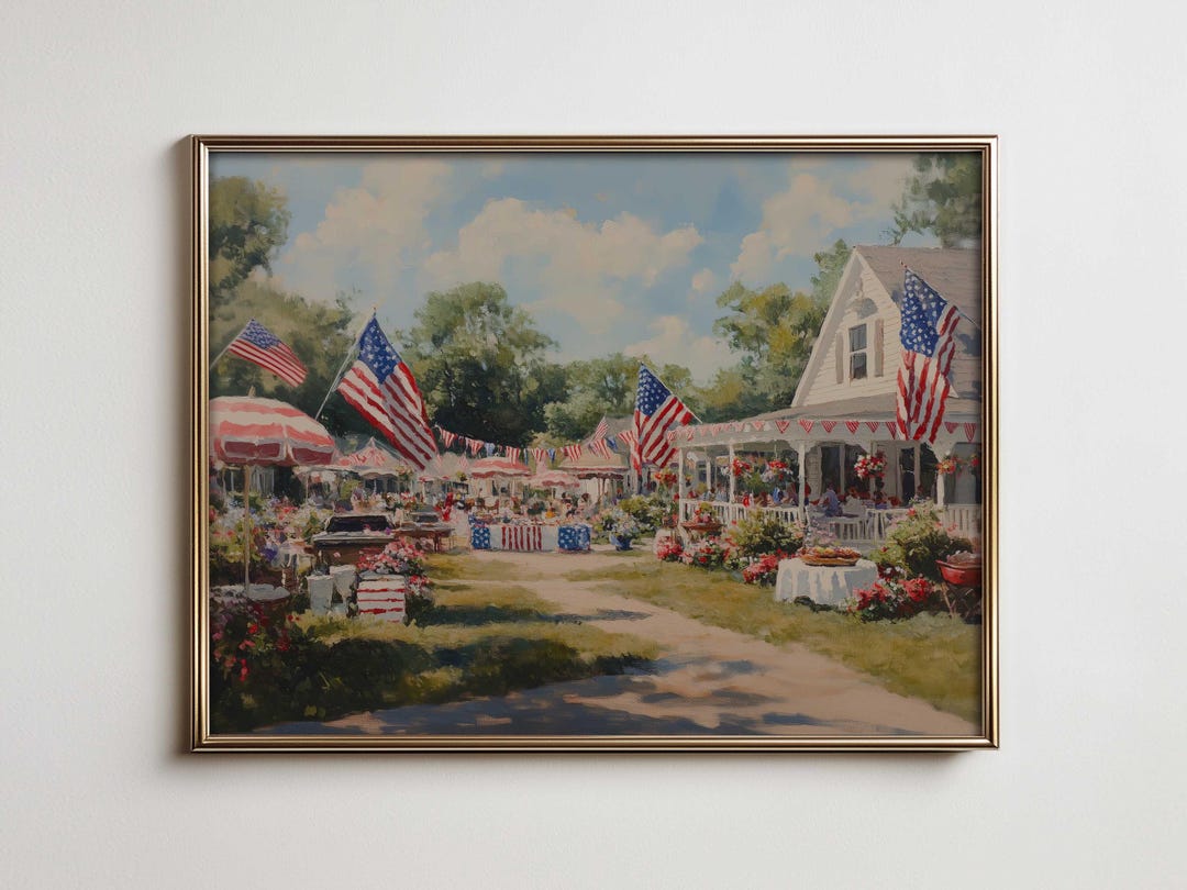 Vintage Patriotic Americana Wall Art, Colonial Print, Flag & Floral 4th ...