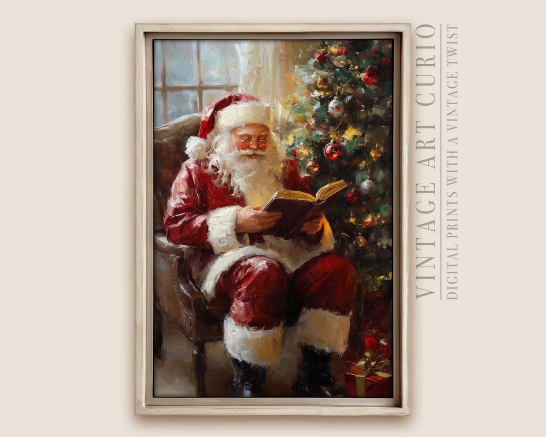 Santa Claus Reading by Lit Christmas Tree - Rustic Vintage Wall Art ...