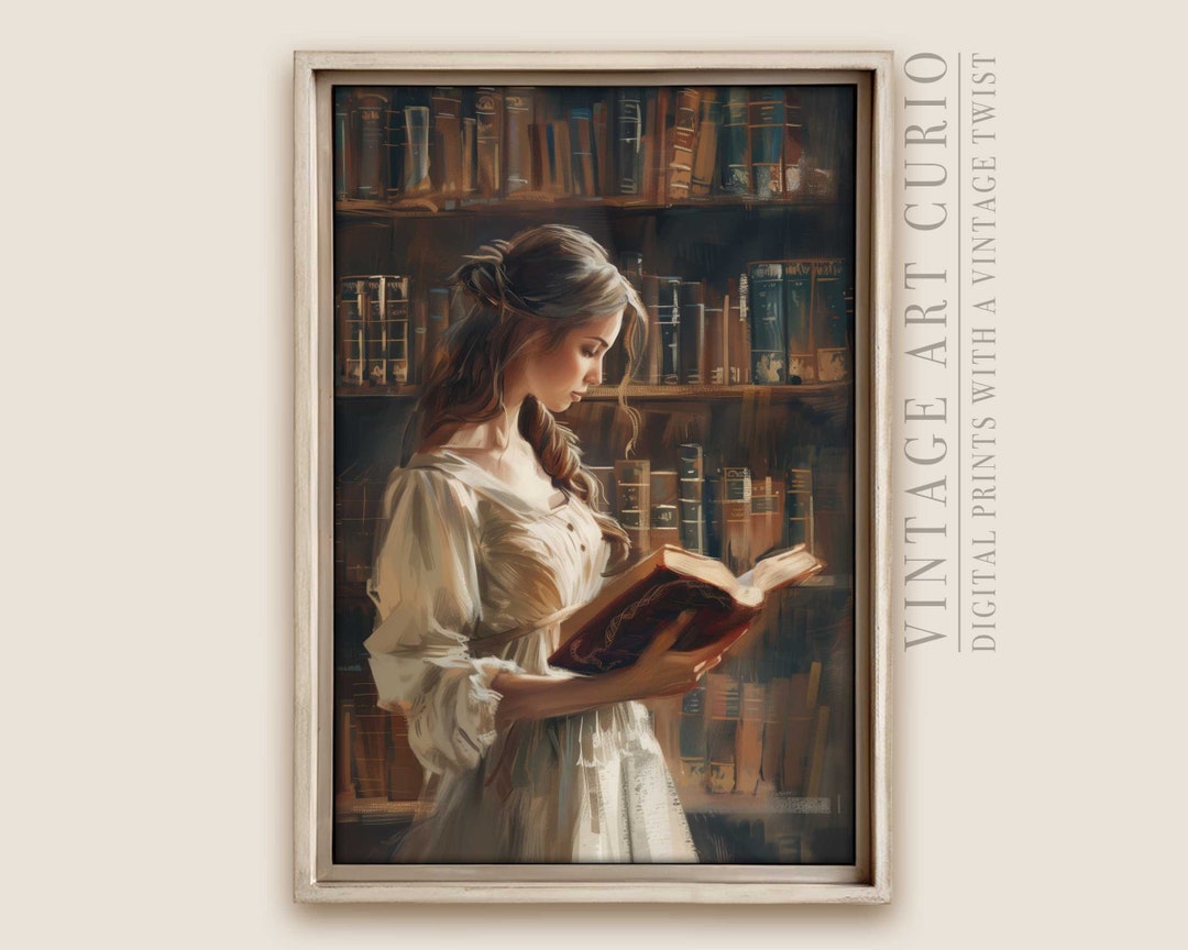 Vintage Library Lady Portrait Wall Art, Book Nook Art, Antique Reading ...