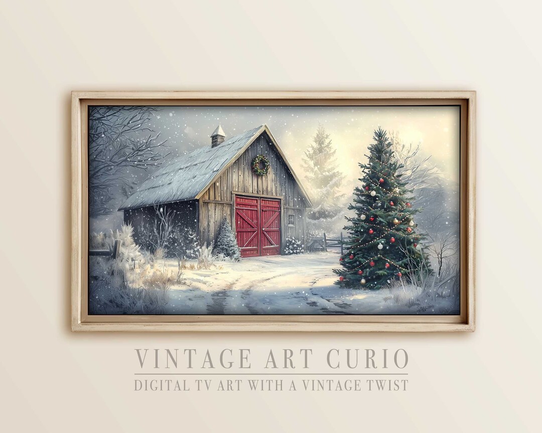 Vintage Digital TV Frame Art: Rustic Snowy Winter Barn & Christmas Tree ...