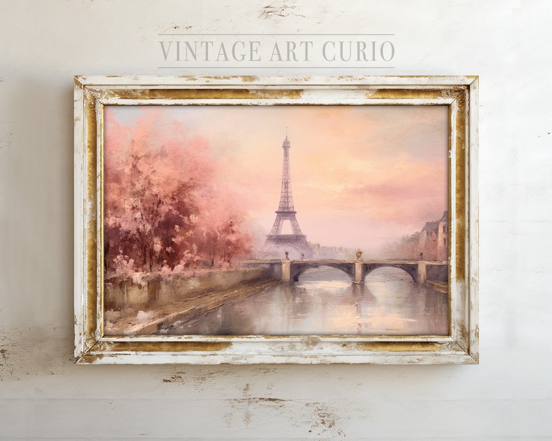 Vintage Pink Rococo Painting Antique Paris Seine Canal Wall Decor ...