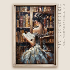 Vintage Library Lady Portrait Wall Art, Book Nook Art, Antique Reading ...