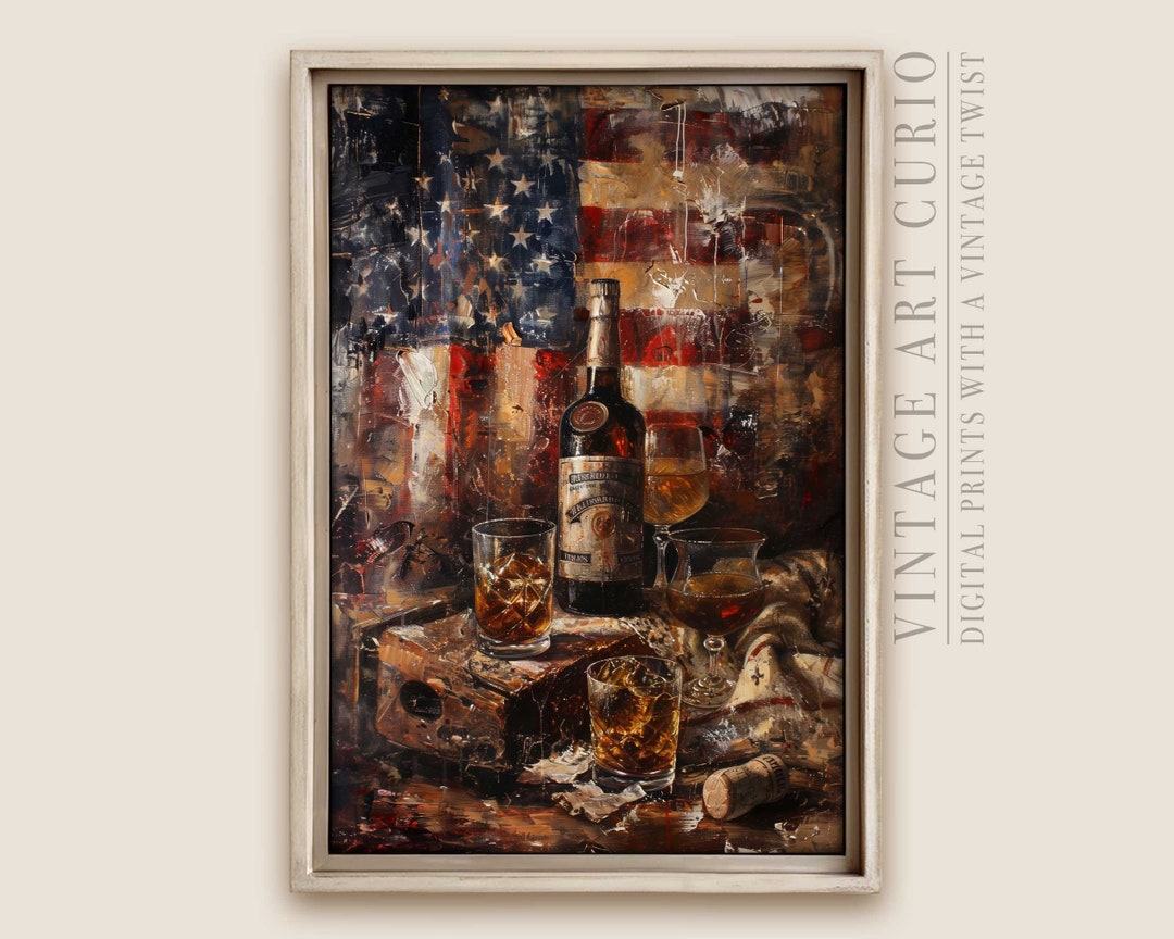 Patriotic Bar Cart Wall Art, American Flag Man Cave Decor, Vintage ...