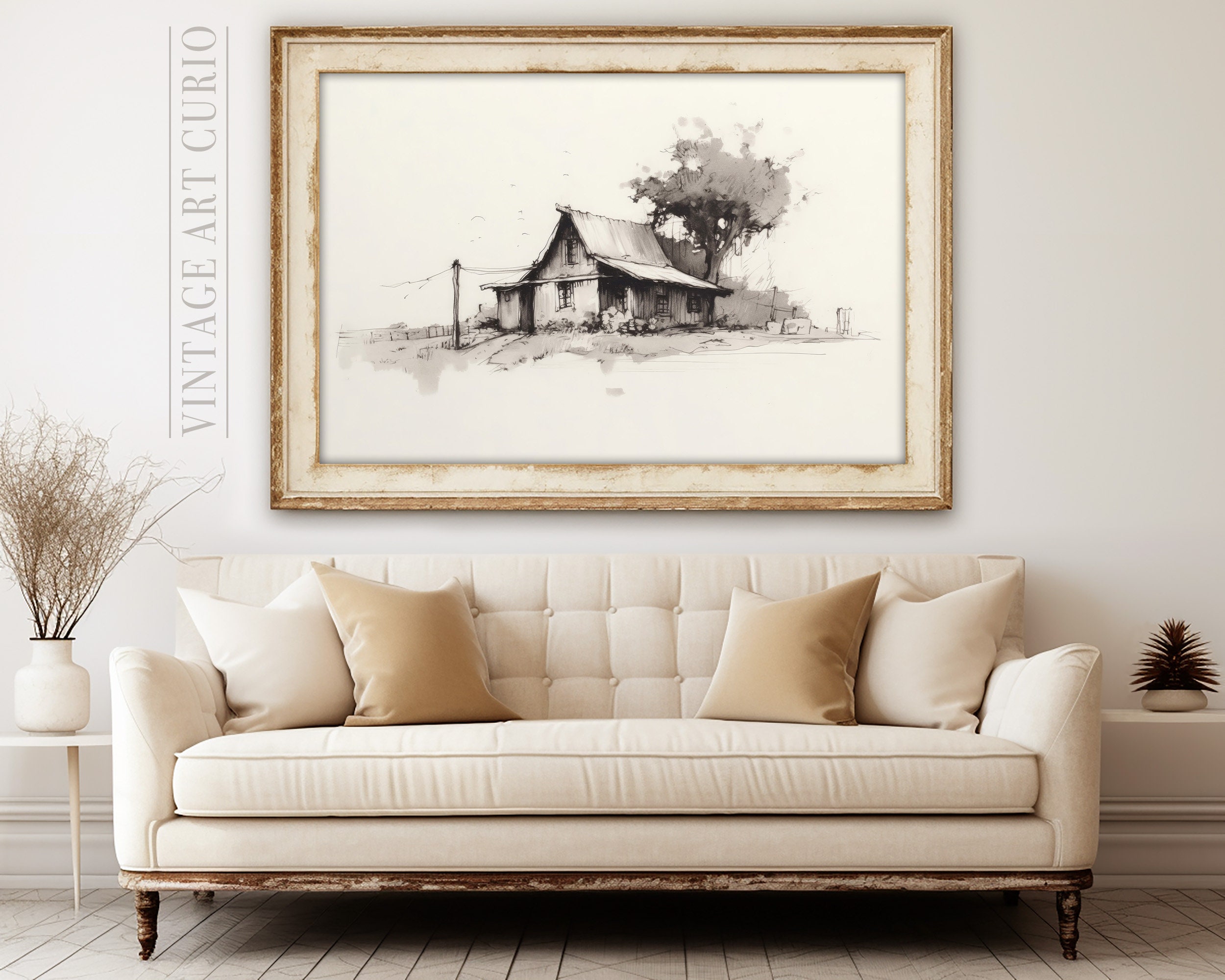 Vintage Farmhouse Sketch | Rustic Country Art Print | PRINTABLE Digital ...