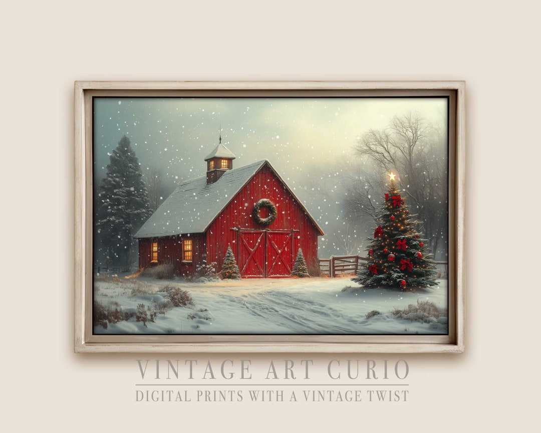 Charming Christmas Barn Scene Digital Wall Art Cozy Winter Farmhouse ...