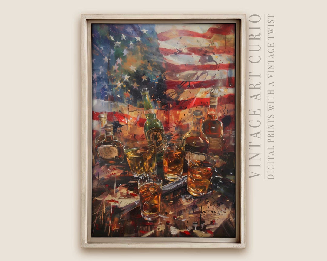 Patriotic Bar Cart Wall Art, American Flag Man Cave Decor, Vintage ...