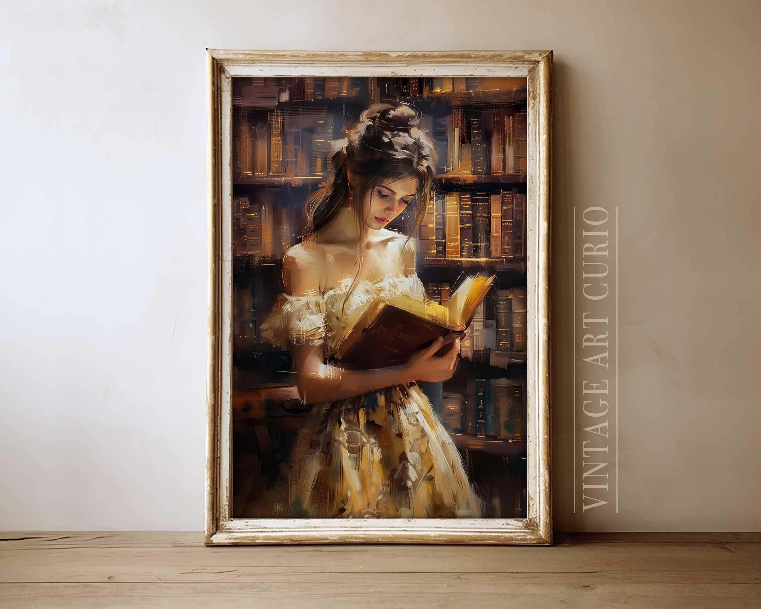 Vintage Library Lady Portrait Wall Art, Book Nook Art, Antique Reading ...