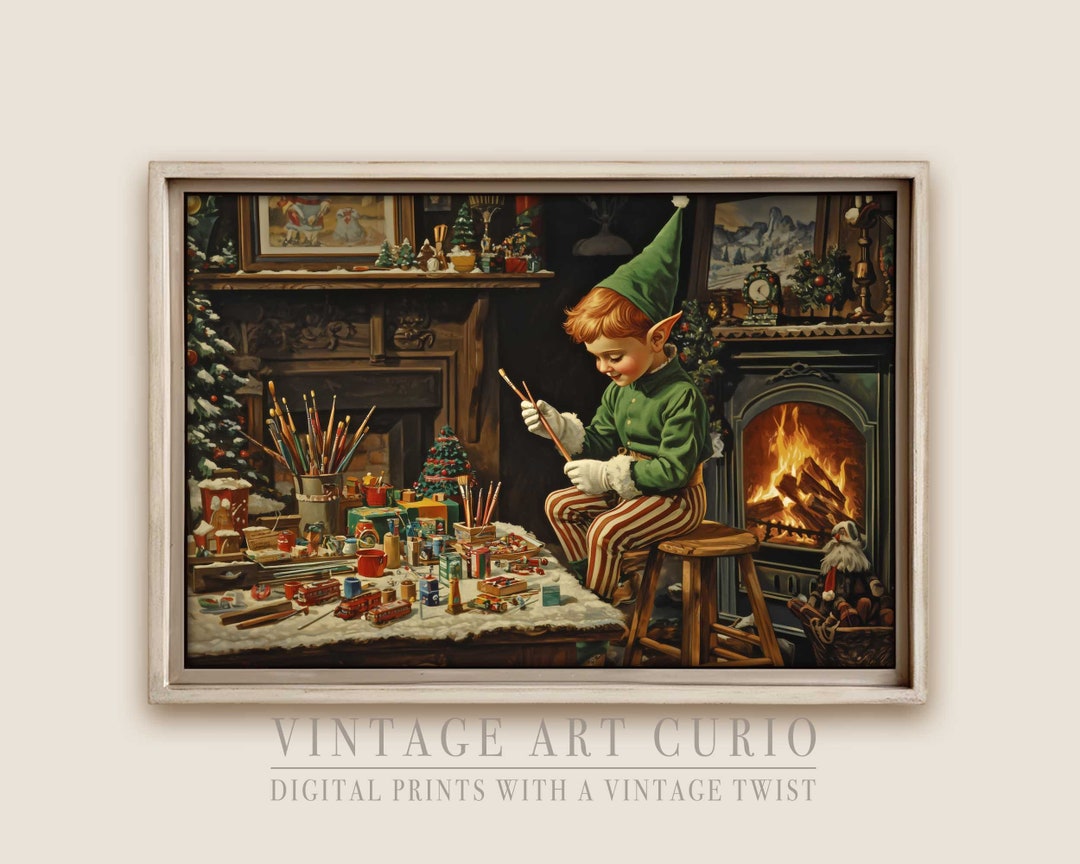 Vintage Christmas Elf Wall Art Print Retro Festive Xmas Decor Colorful ...