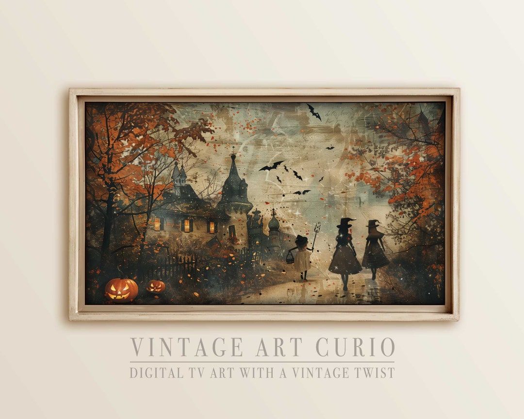 Witchy Halloween TV Frame Art, Trick or Treaters, Rustic Farmhouse ...