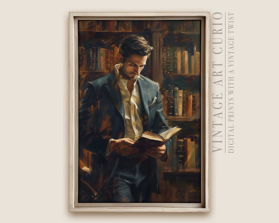Vintage Library Gentleman Portrait Wall Art, Book Nook Art, Antique ...
