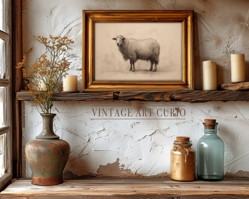 Etched Sketch Sheep Rustic Art Print Wall Art Vintage Sheep Painting ...