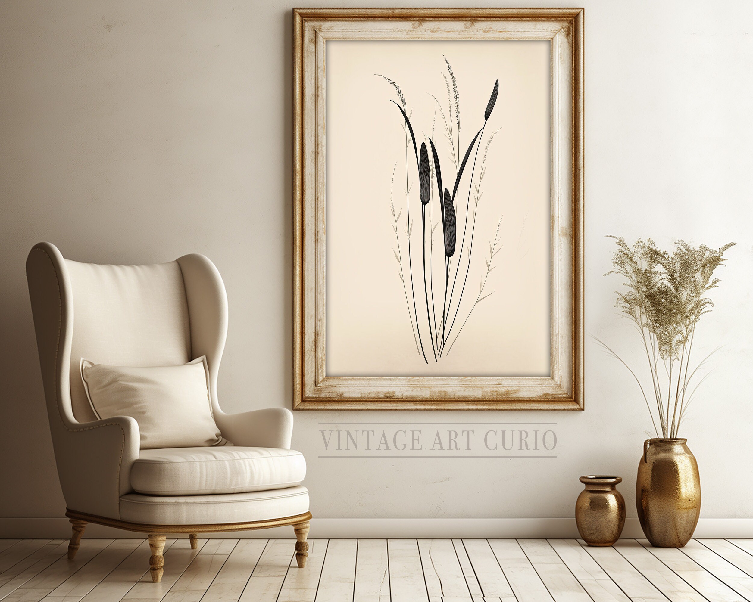 Antique Neutral Farmhouse Wall Print Decor Reeds Sketch Rustic Country ...