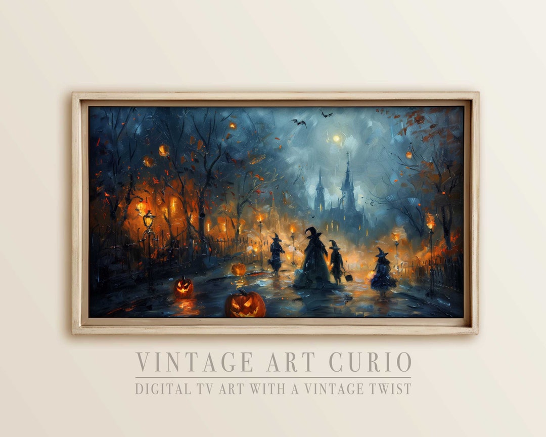 Witchy Halloween TV Frame Art, Trick or Treaters, Rustic Farmhouse ...