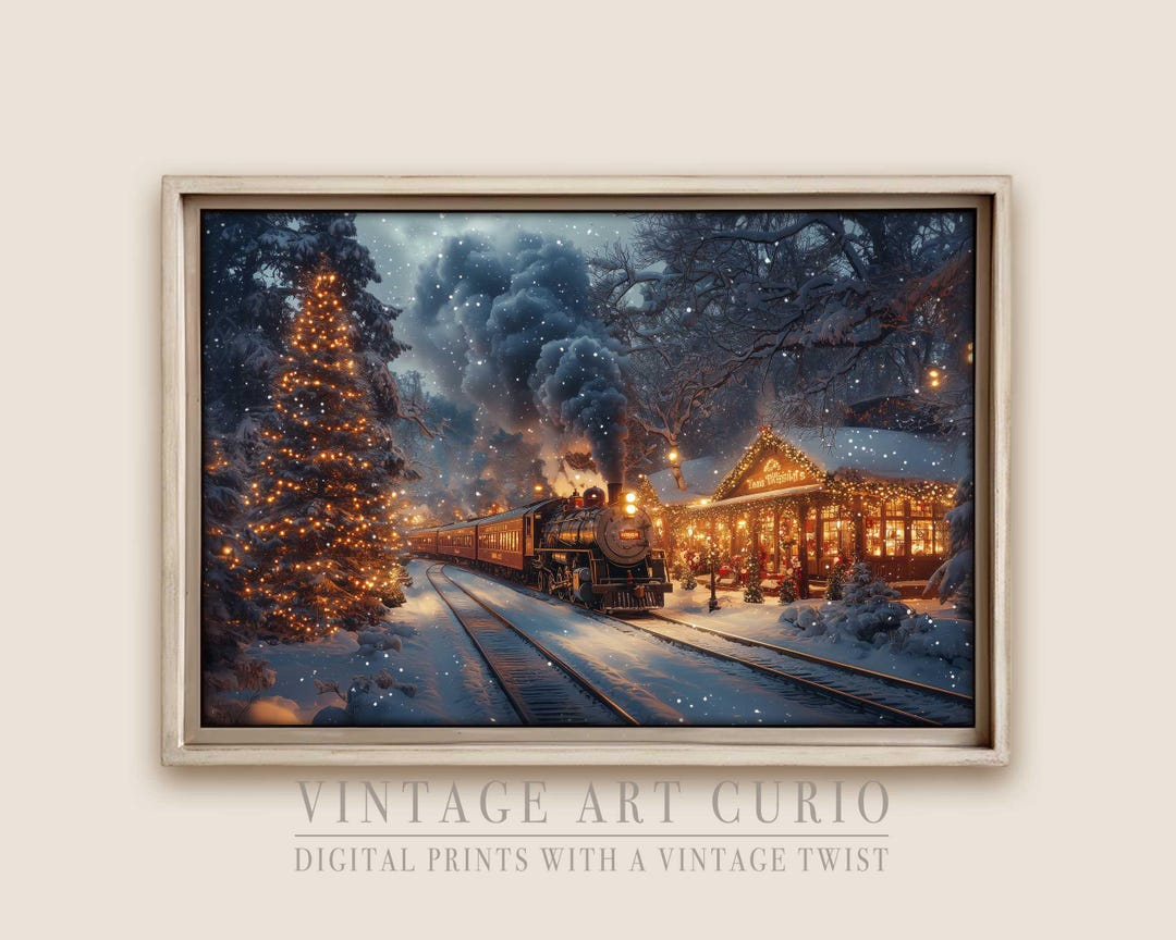 Vintage Train Christmas Wall Art – Elegant Winter Wonderland Decor for ...