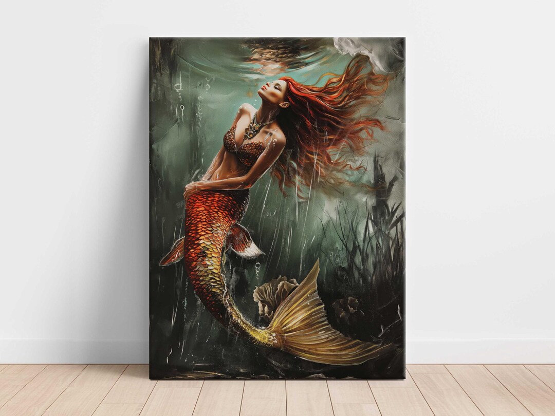 Fiery Red Mermaid Art Print – Underwater Fantasy Decor, Sultry Siren ...