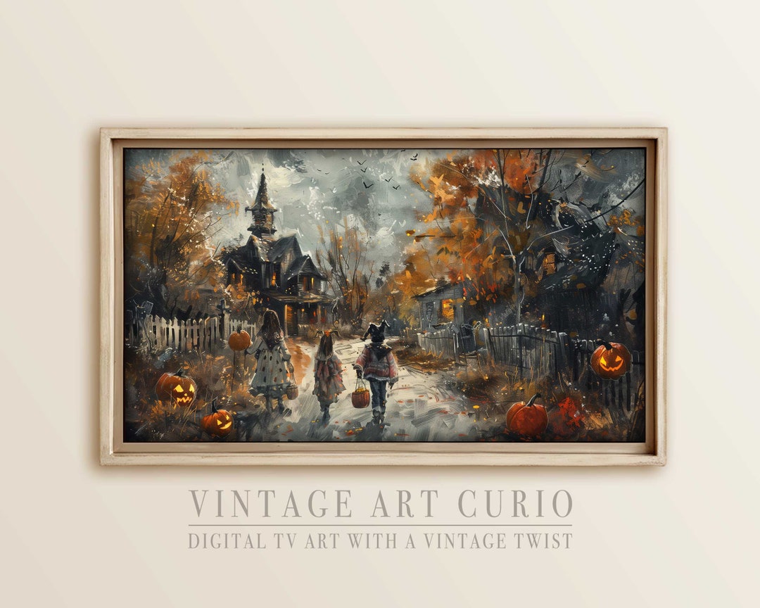 Witchy Halloween TV Frame Art, Trick or Treaters, Rustic Farmhouse ...