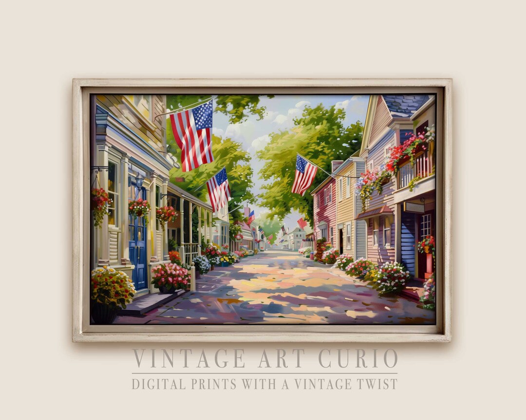 Vintage Colonial Scenery Decor, Patriotic Flag & Floral Print, Digital ...