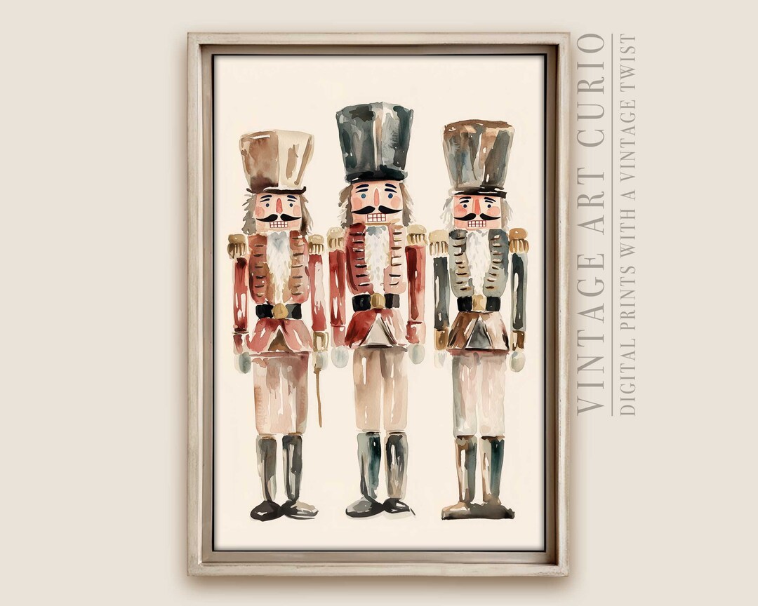 Vintage Minimalist Digital Watercolor of Three Nutcrackers - Rustic ...