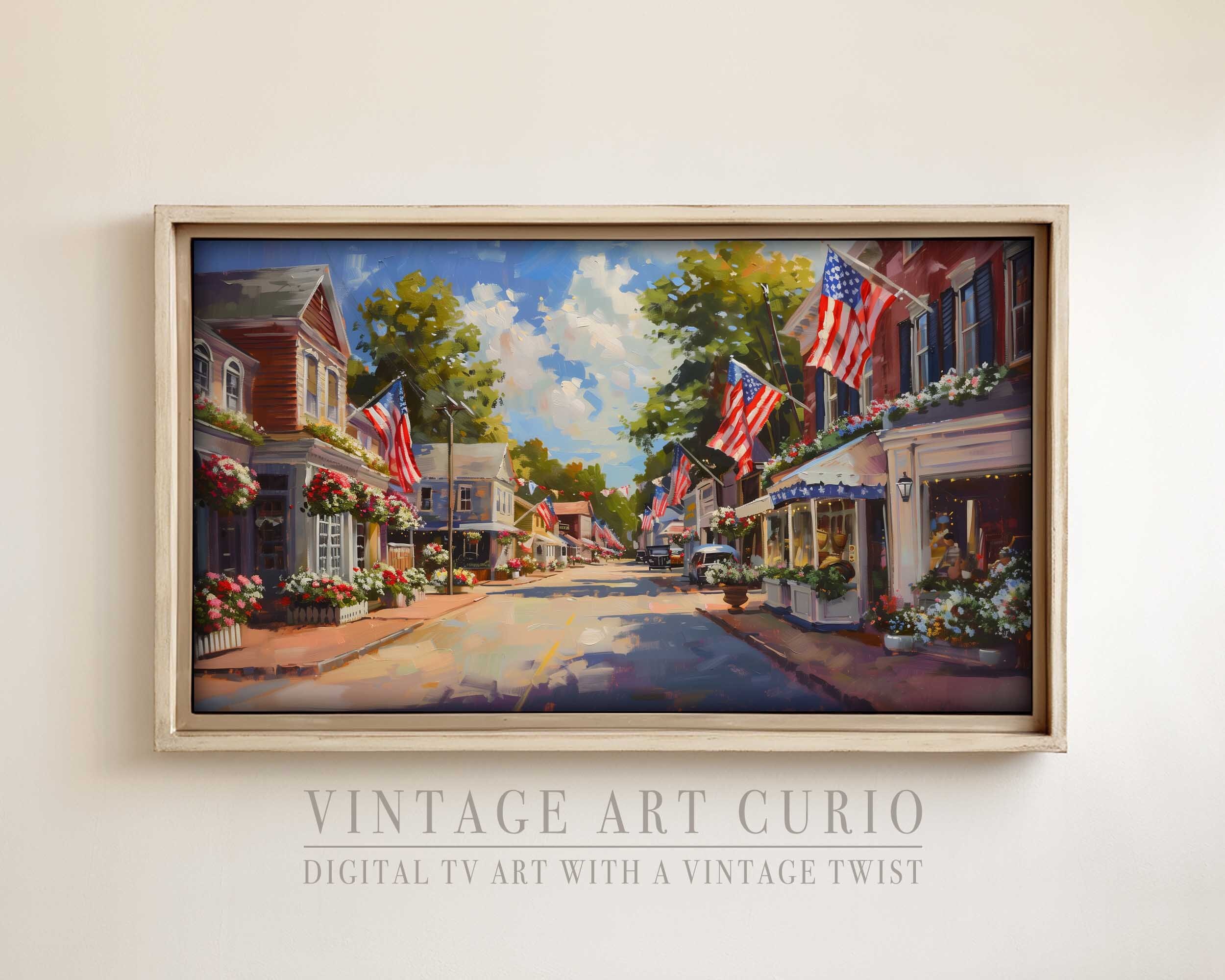 Maine New England Colonial Scenery Patriotic Flags TV Art Vintage 4th ...