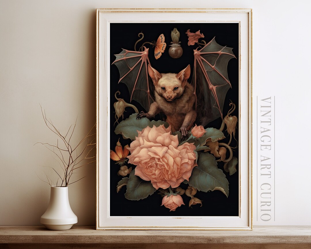 Antique Bat Painting Dark Academia PRINTABLE Wall Art Vintage Pink Bat ...