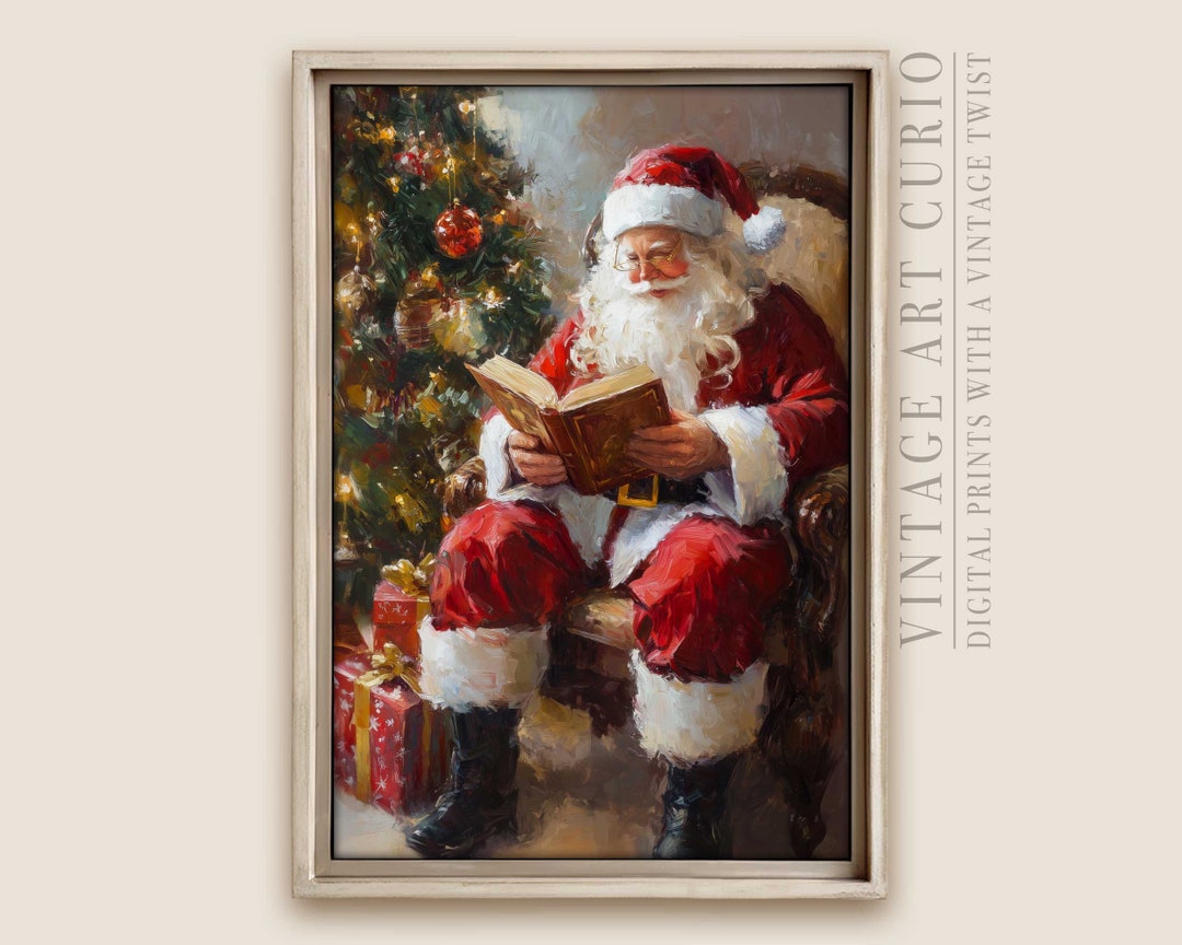 Santa Claus Reading by Lit Christmas Tree - Rustic Vintage Wall Art ...