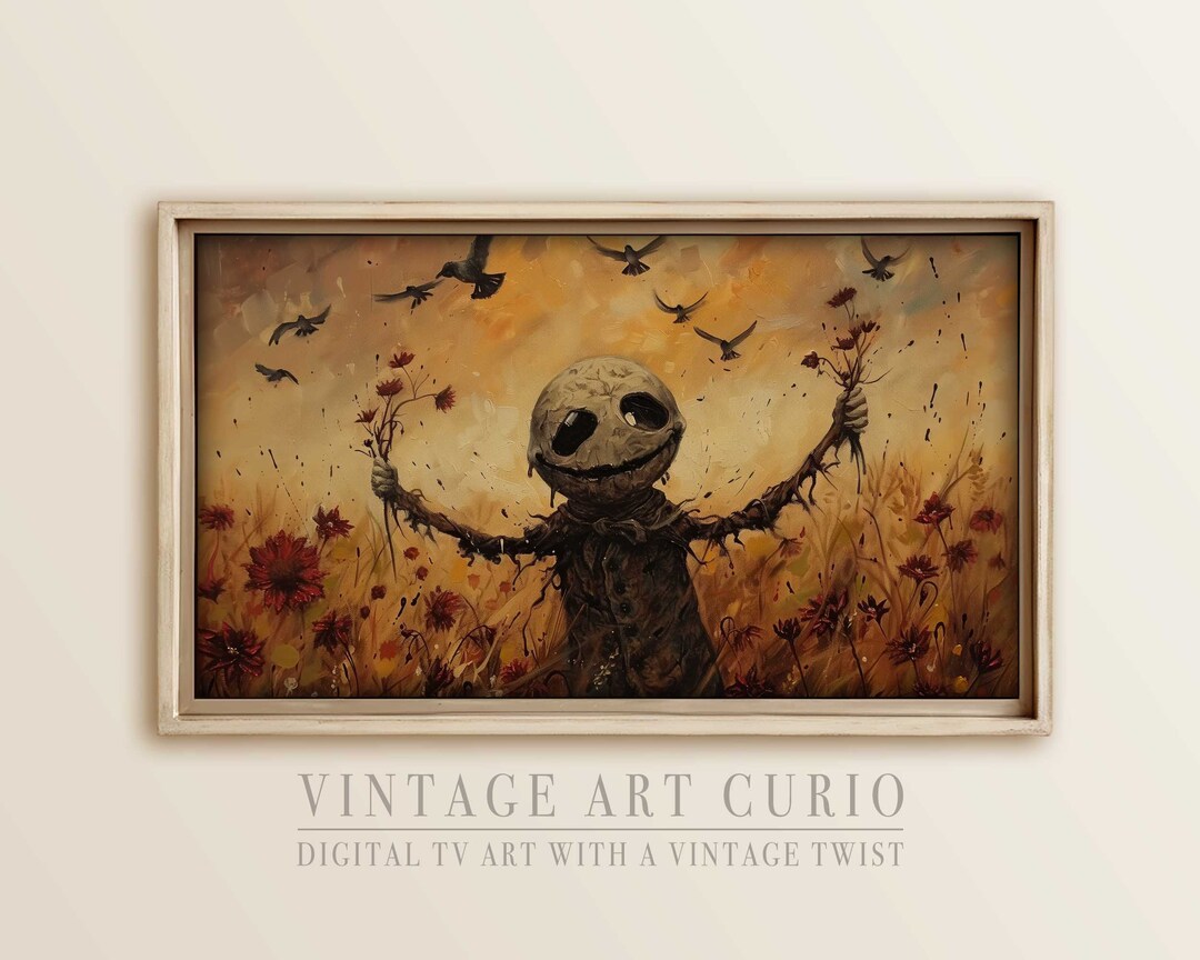 Witchy Halloween TV Frame Art, Floral Scarecrow, Rustic Farmhouse ...