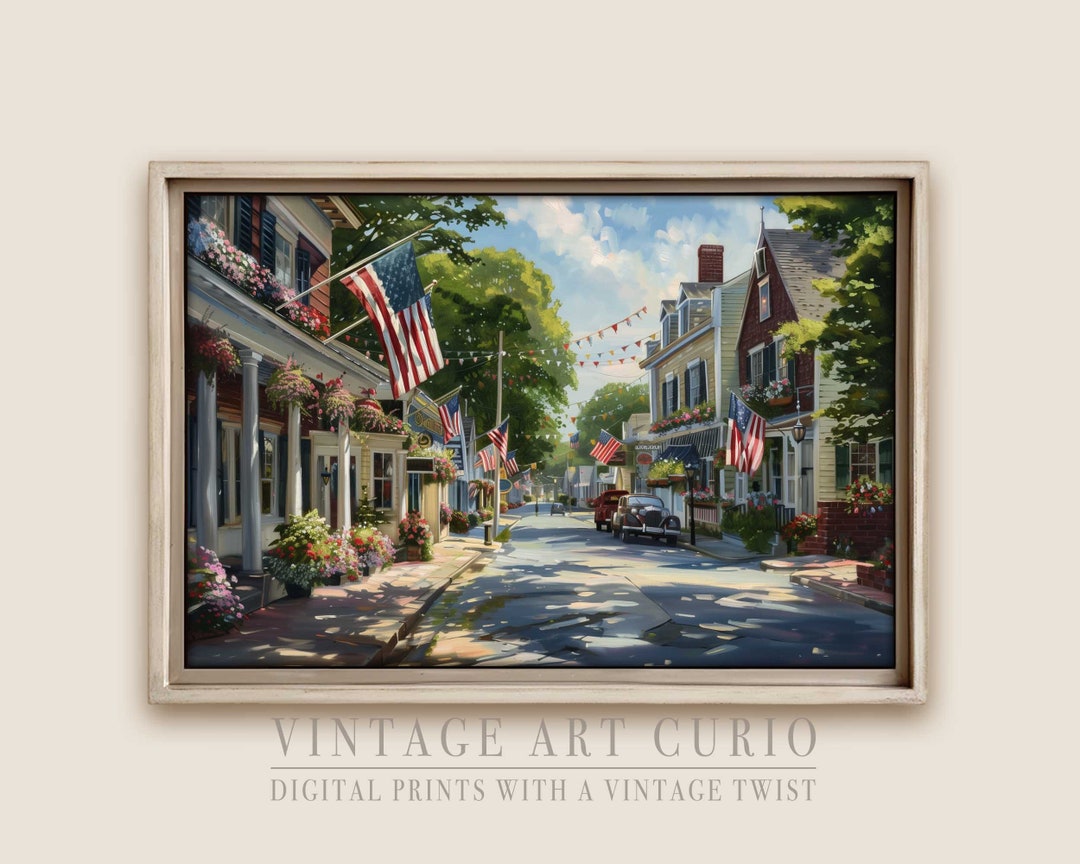 Vintage Colonial Scenery Decor, Patriotic Flag & Floral Print, Digital ...