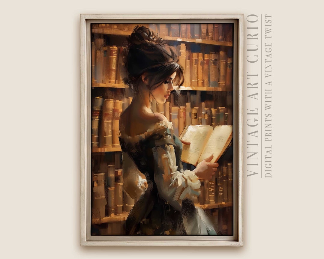 Vintage Bibliothek Lady Portrait Wandkunst, Buch Nook Kunst, Antike ...