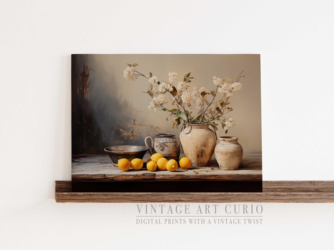 Rustic Farmhouse Still Life Digital Wall Art With Lemons and Ceramic ...
