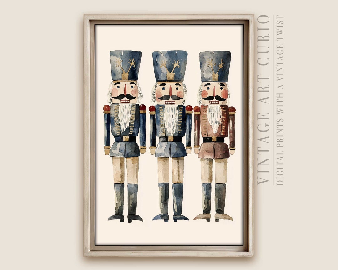 Vintage Minimalist Digital Watercolor of Three Nutcrackers - Rustic ...