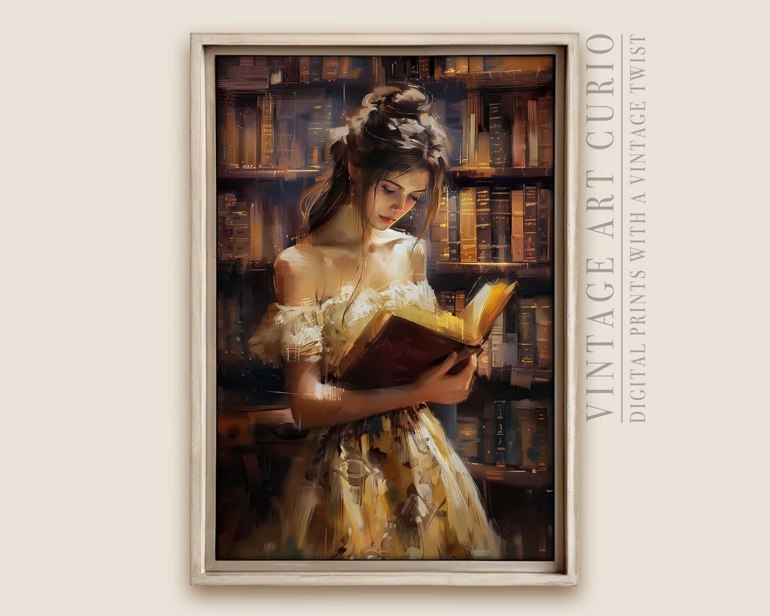 Vintage Library Lady Portrait Wall Art, Book Nook Art, Antique Reading ...
