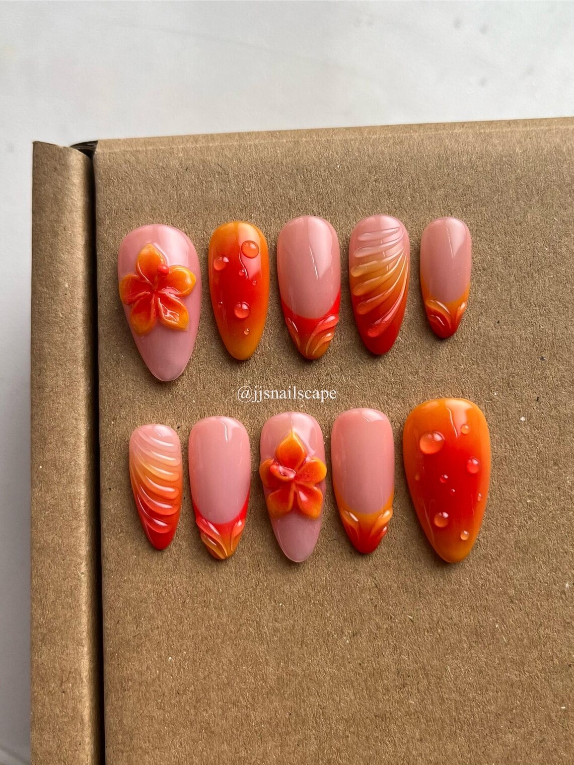 3D Hibiscus Sunset Press on Nails: Handmade Cat Eye Summer Nails - Etsy