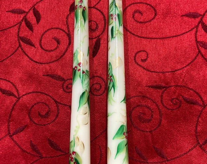 Pair of Holly Leaf Tapers, Real Wax Flameless Candles, Holly Leaves and ...