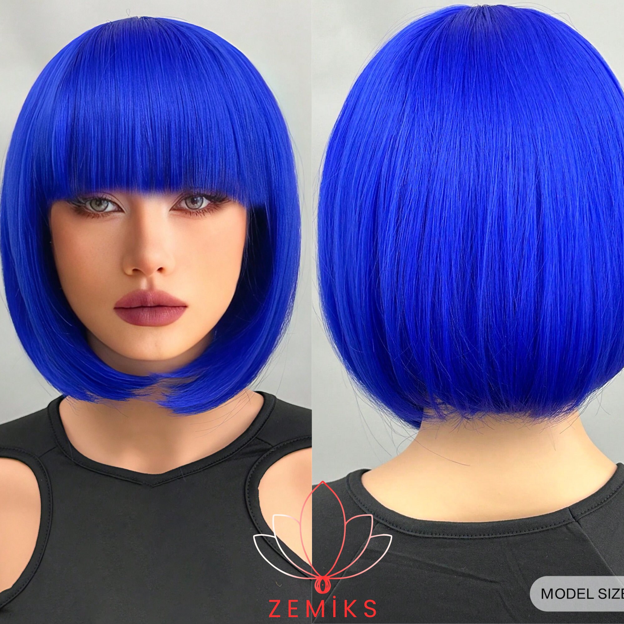 20 short Blue Wavy Wig With Bangs for Women Cosplay Wigs for Natural ...