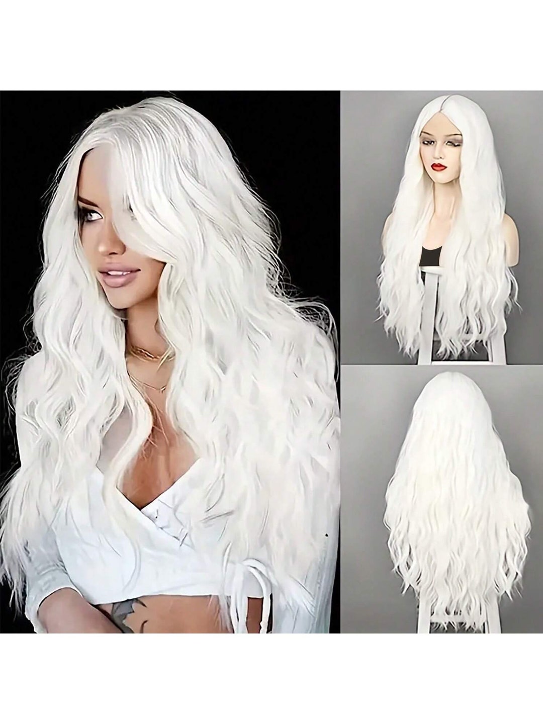 26 White Long Wig Cosplay Long Wave Wig Medium Curly Waves Wave Women ...