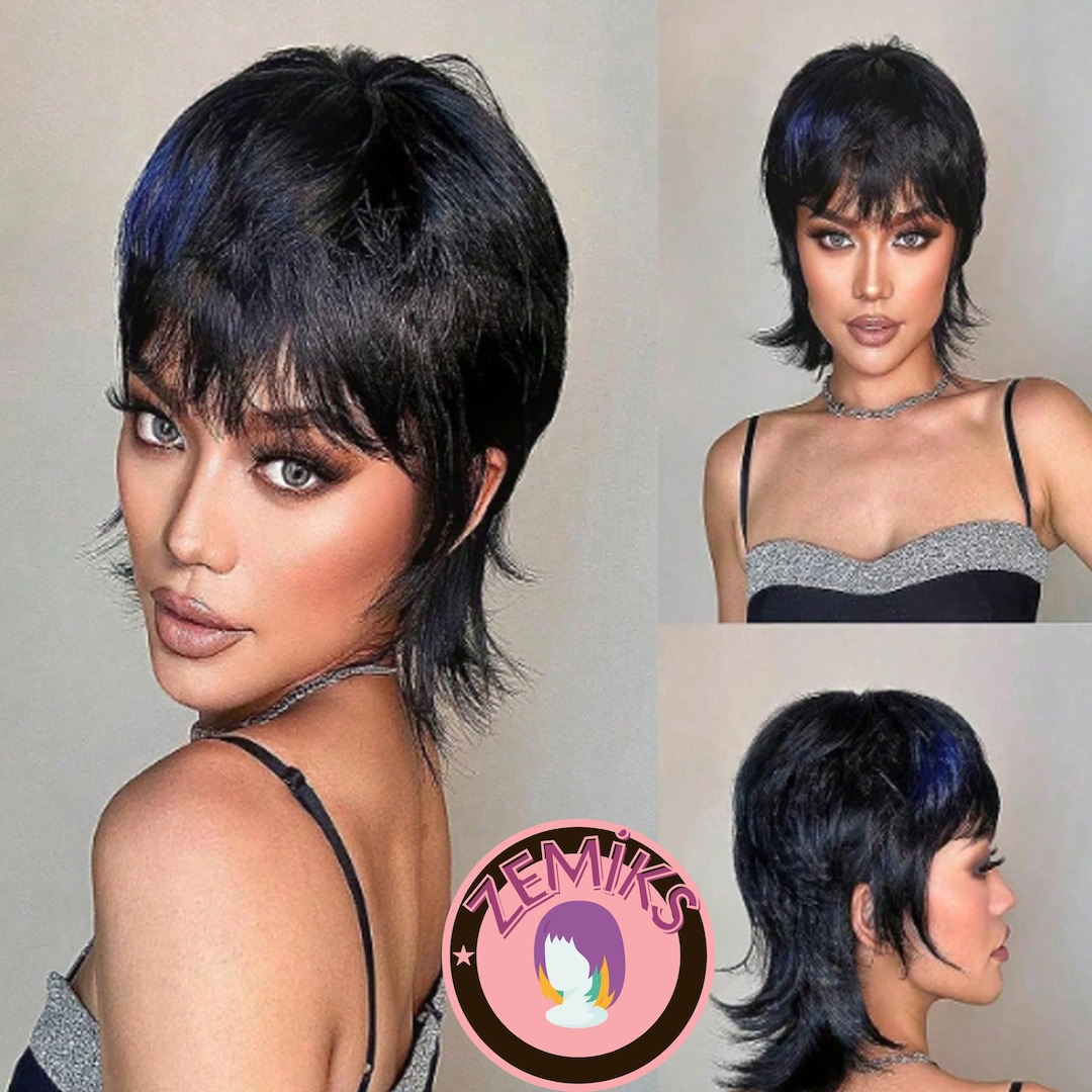 Black Mullet Wigs for Women Pixie Cut Wigs With Bangs Short Straight ...