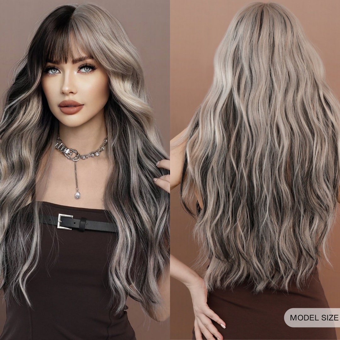 7jhh Wigs 26 Inch Synthetic Silver Ash Wavy Wig With Bangs, Natural ...