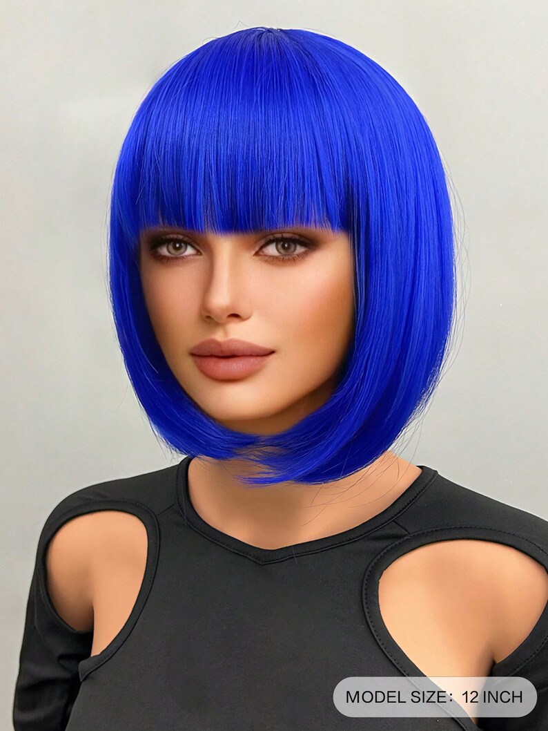 20 short Blue Wavy Wig With Bangs for Women Cosplay Wigs for Natural ...