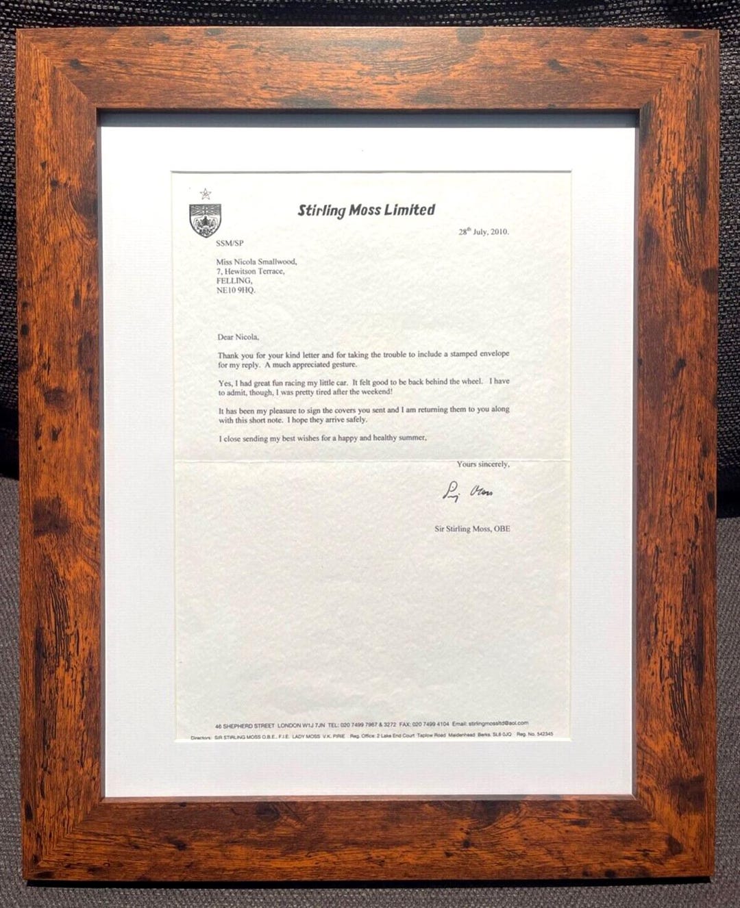 Stirling Moss 100% Genuine RARE Formula 1 Framed Guaranteed Hand Signed ...