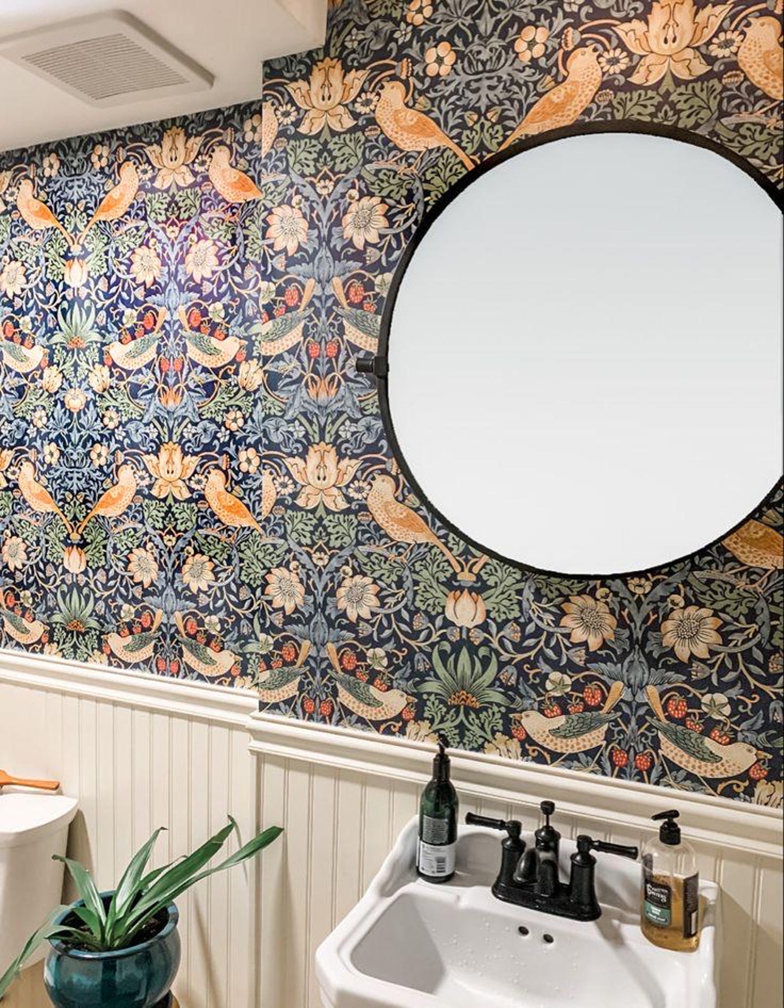 Modern William Morris Wallpaper, Navy Blue Birds and Floral Bathroom ...