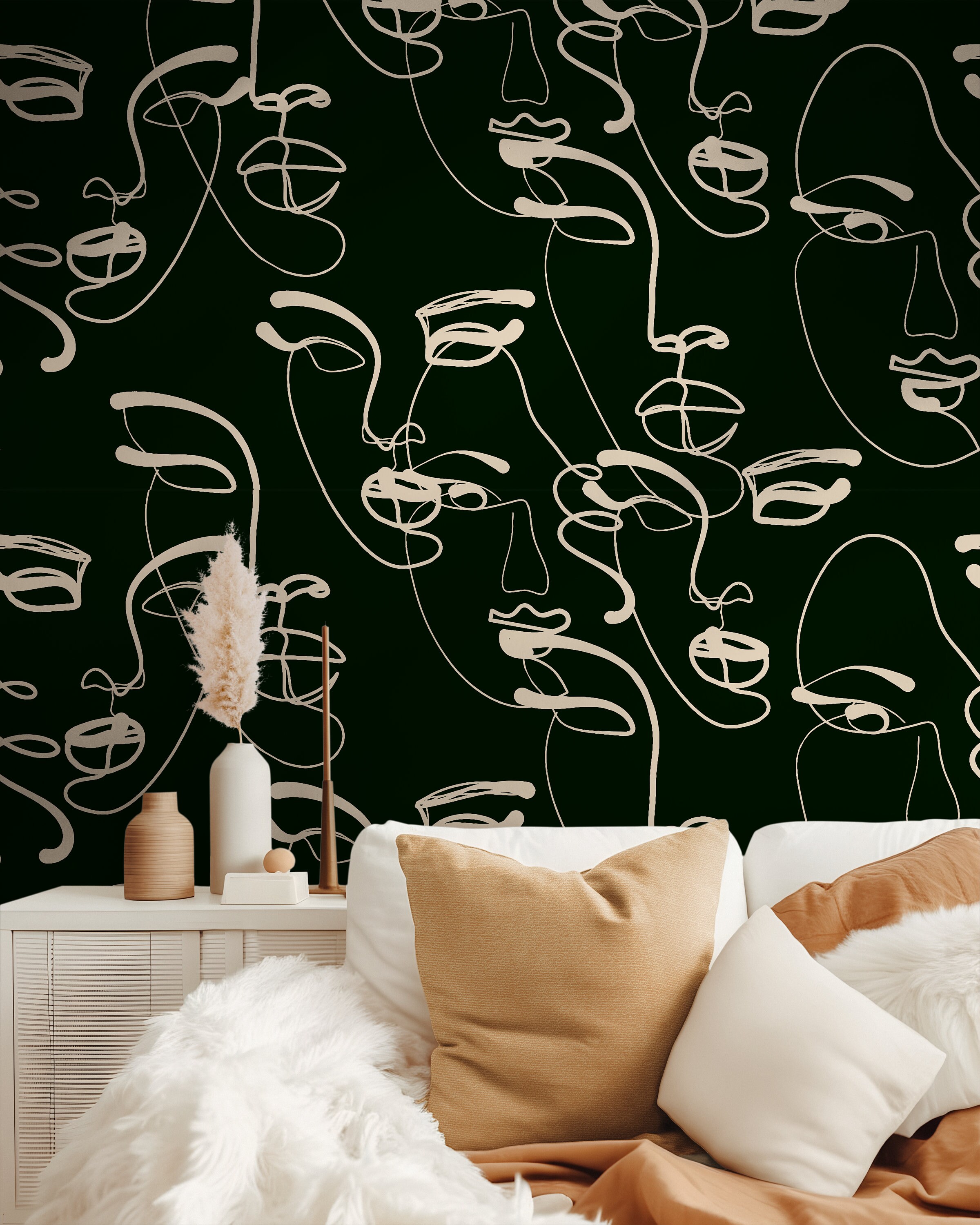 Black Feminine One Line Drawing Abstract Face Peel and Stick Wallpaper ...