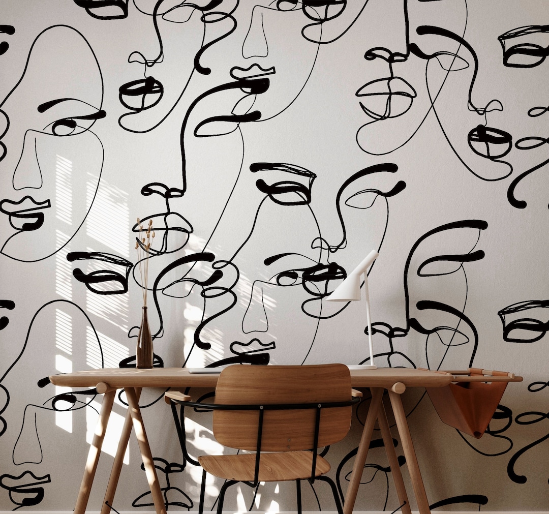 Feminine One Line Drawing Abstract Face Peel and Stick Wallpaper, Black ...