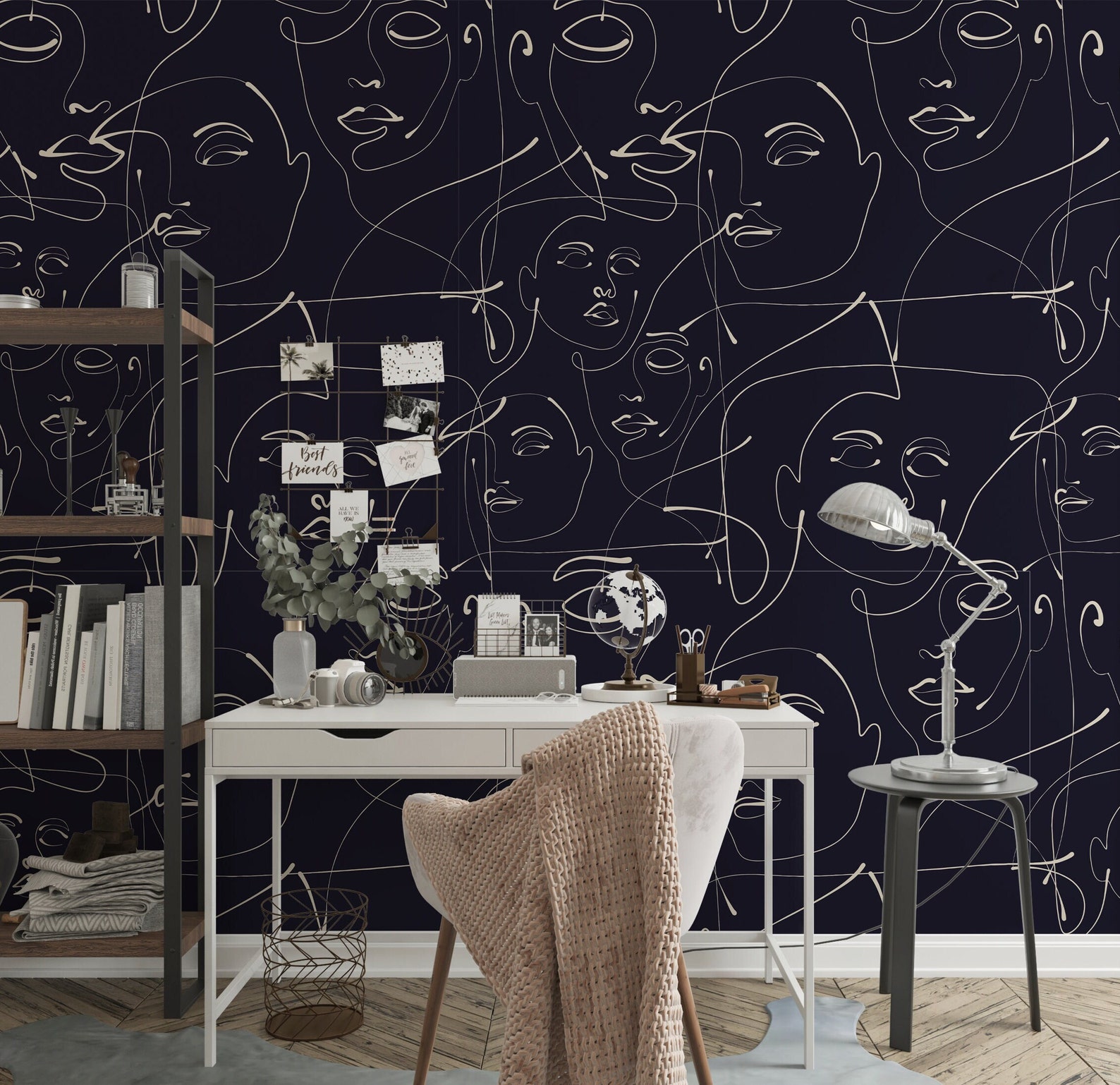 Black Feminine One Line Drawing Abstract Face Peel and Stick Wallpaper ...