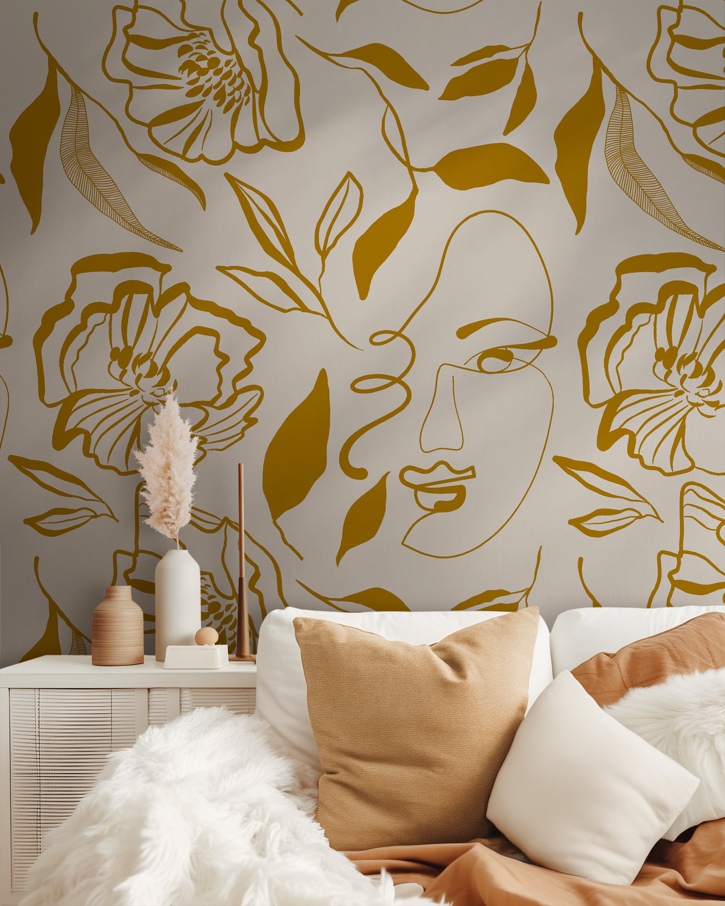 Feminine and Floral One Line Drawing Abstract Face Peel and Stick ...